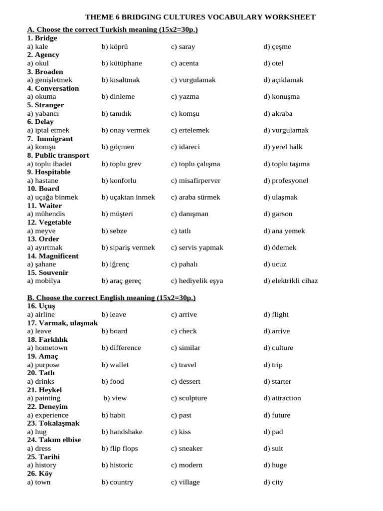 Sinif 6. Unite Kelime Etkinligi BRIDGING CULTURES VOCABULARY WORKSHEET ...