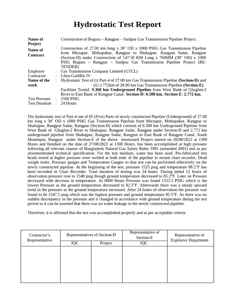 Hydrostatic Test Report Part-1 | PDF | Pressure | Chemical Engineering
