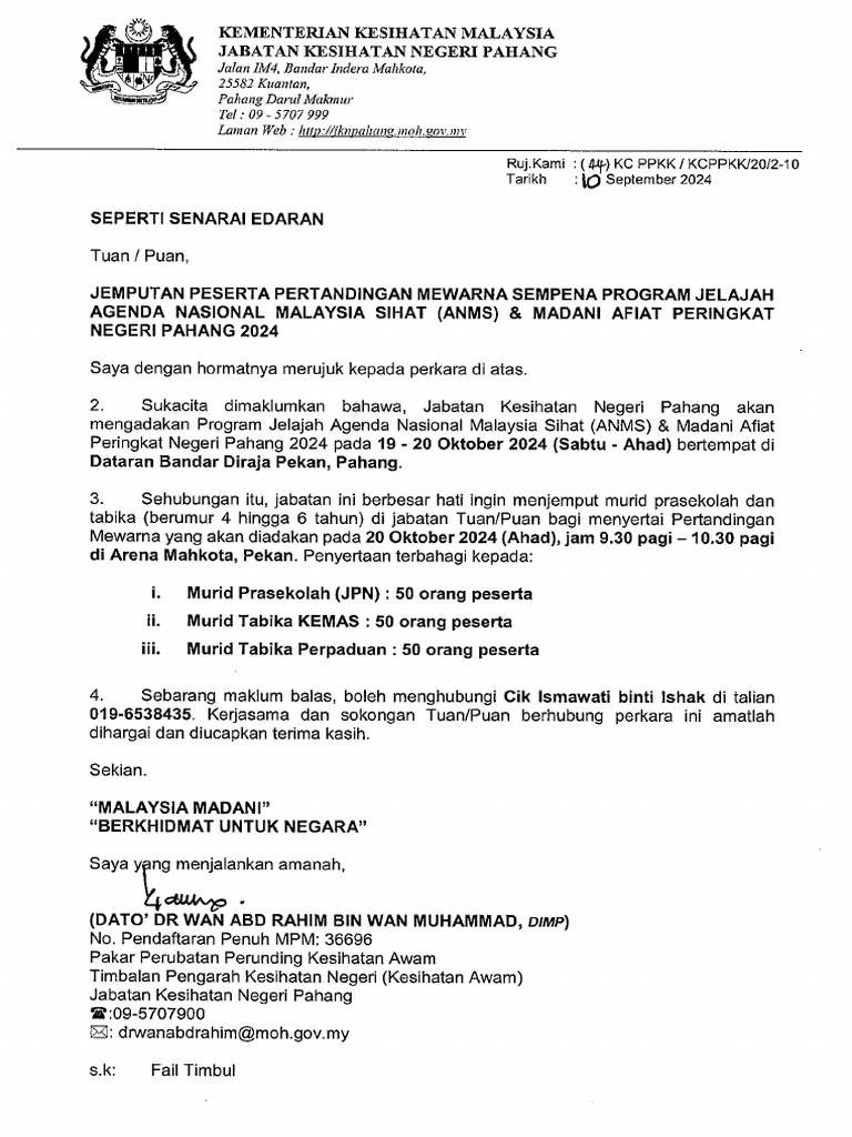 Surat Jemputan Peserta Pertandingan Mewarna Madani Afiat | PDF