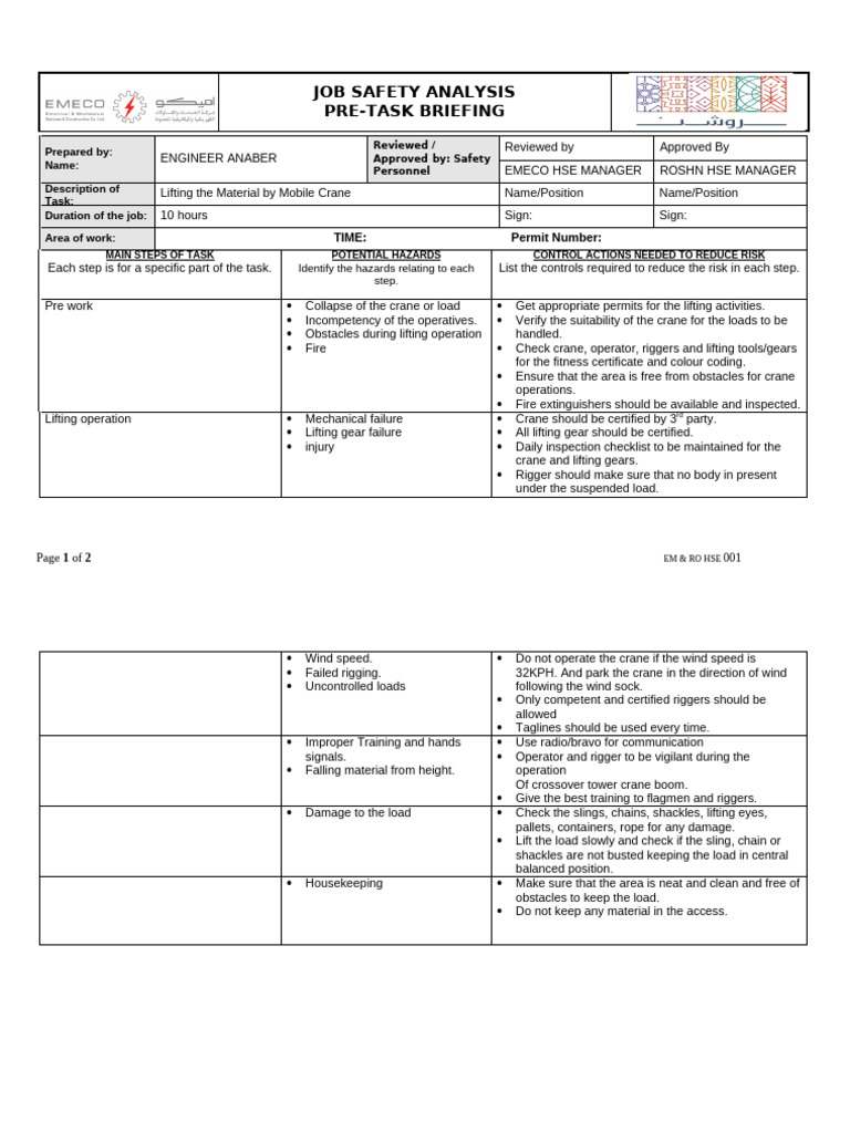 Lifting JSA | PDF | Crane (Machine) | Safety
