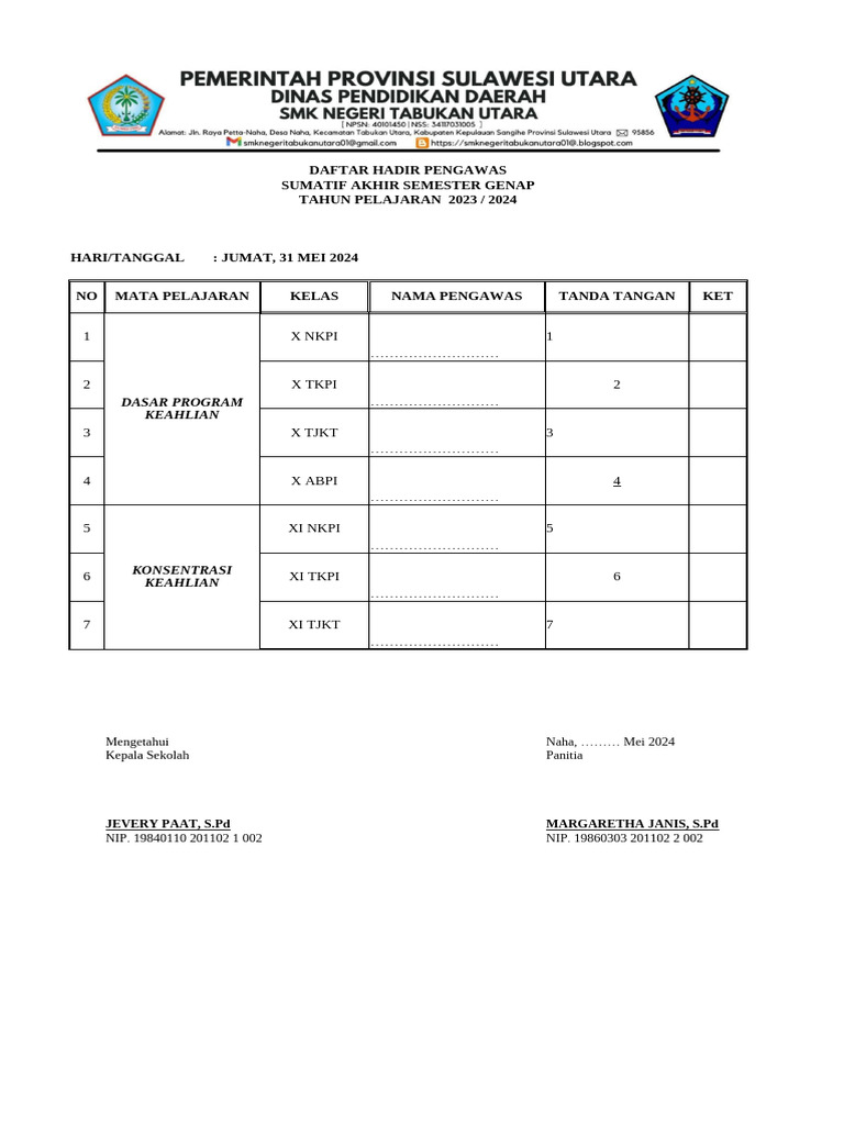 Daftar Hadir Pengawas Us | PDF