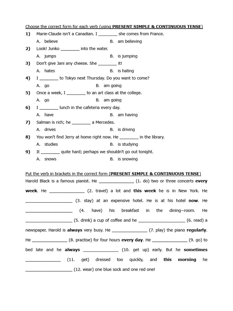 Practice On Present Simple & Continuous Tense | PDF | Language Arts ...
