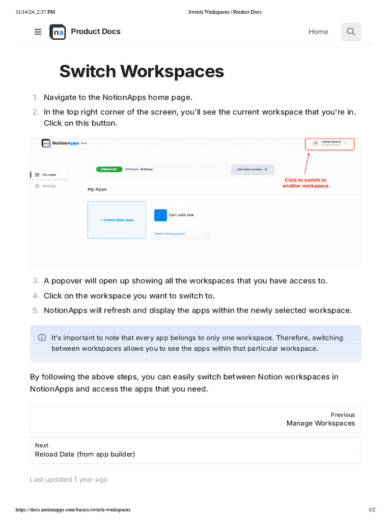 Switch Workspaces - NotionApps Product Docs | PDF