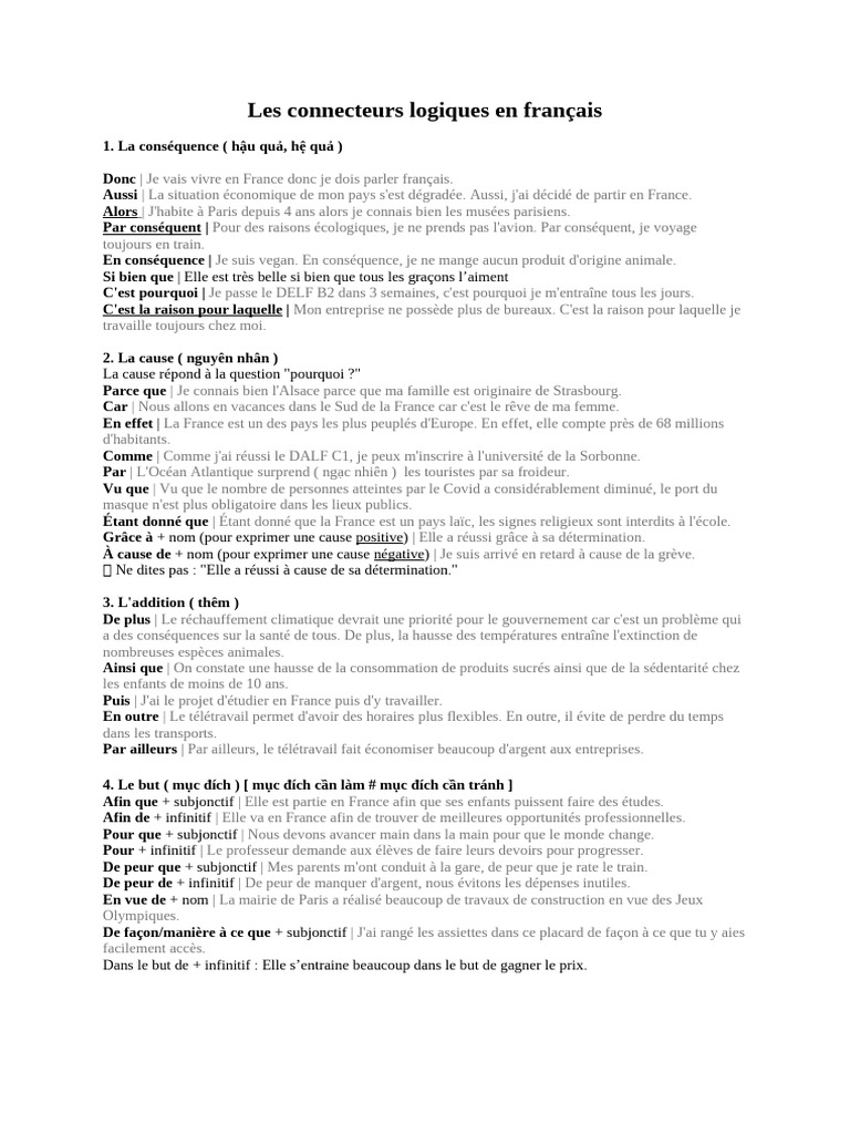 Les Connecteurs Logiques En Français Pdf France