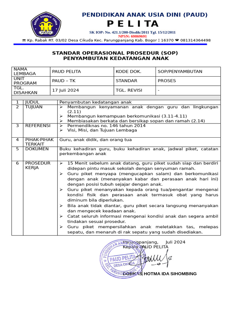 SOP Penjemputan dan Kepulangan PAUD | PDF | Karier & Perkembangan ...