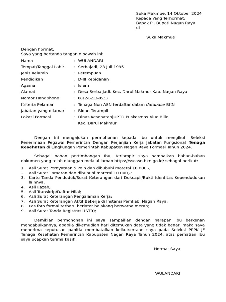 Surat Lamaran Wulan | PDF