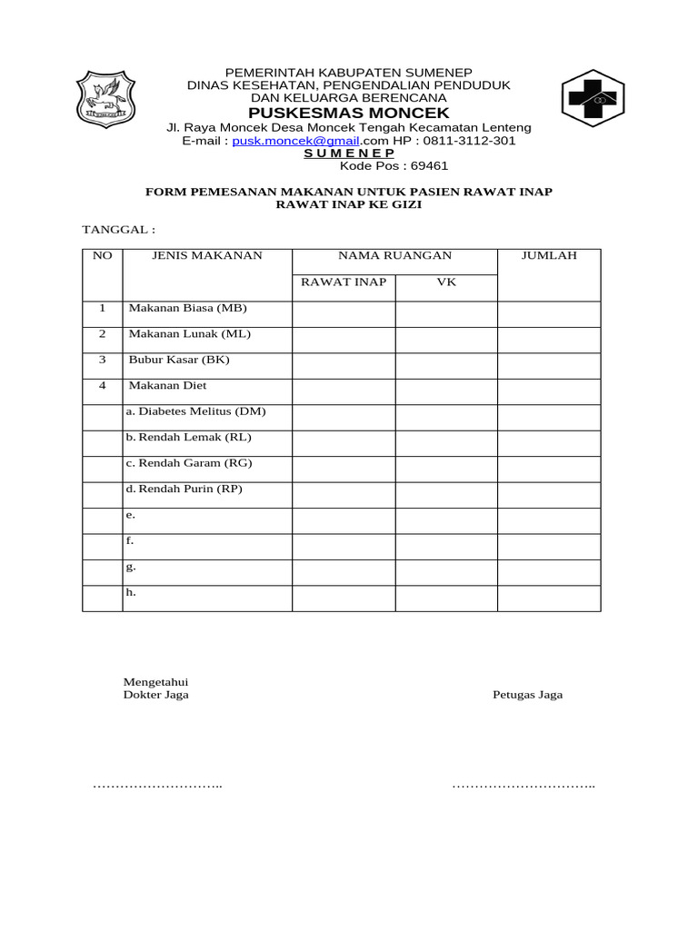 Form Pemesanan Makanan Rawat Inap Ke Gizi | PDF
