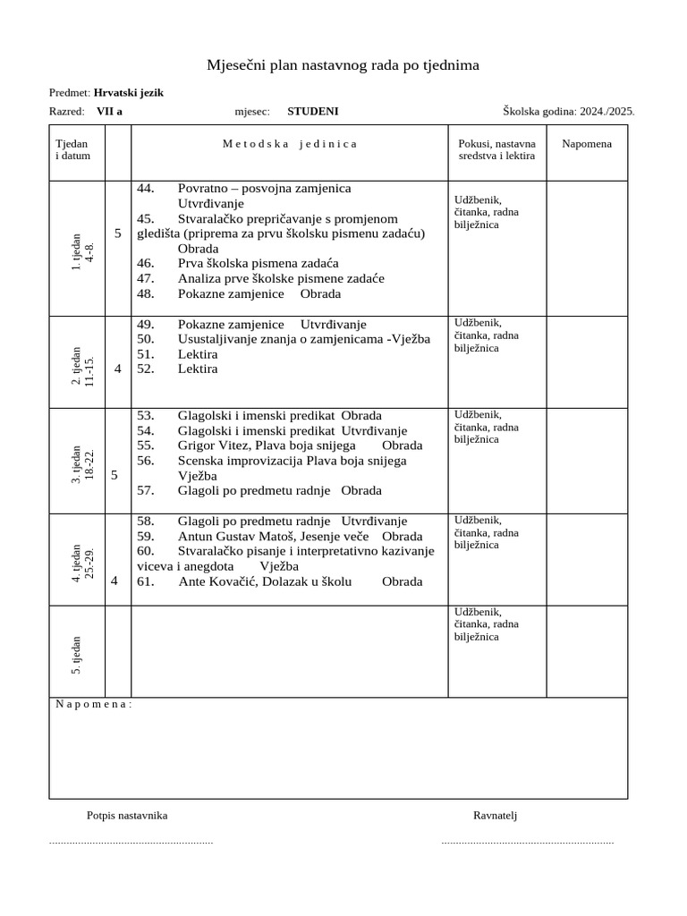 Mjesečni Plan, HRV - Jezik, 7.a. Razred, STUDENI | PDF