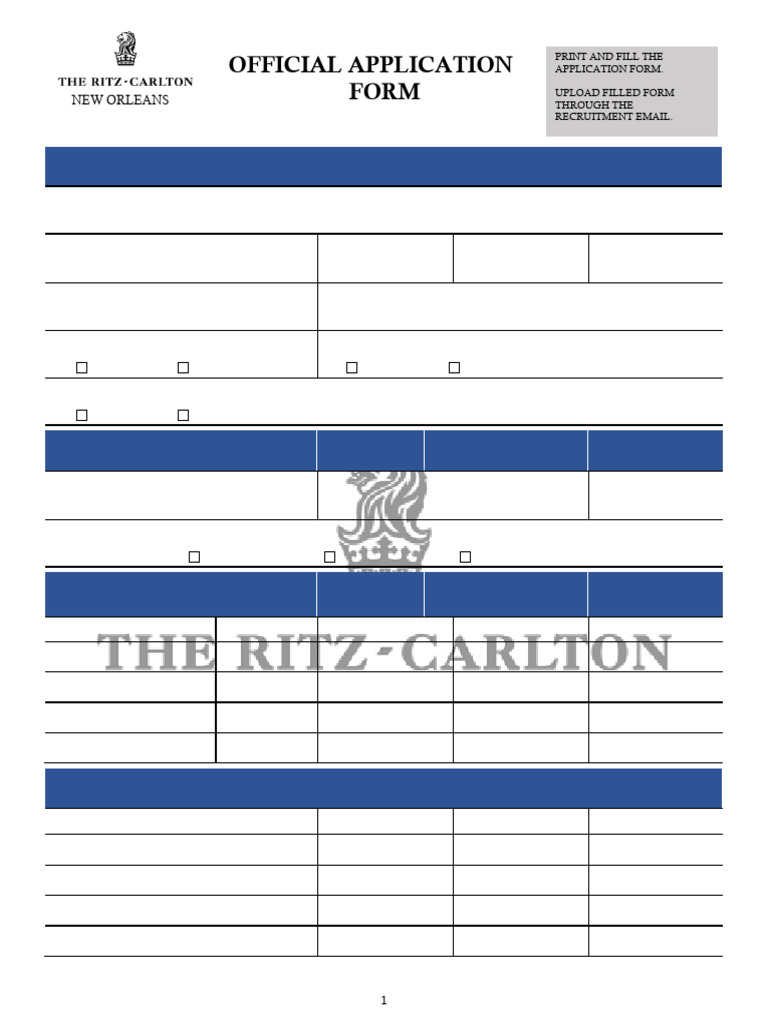 Ritz Carlton Job Application Form | PDF