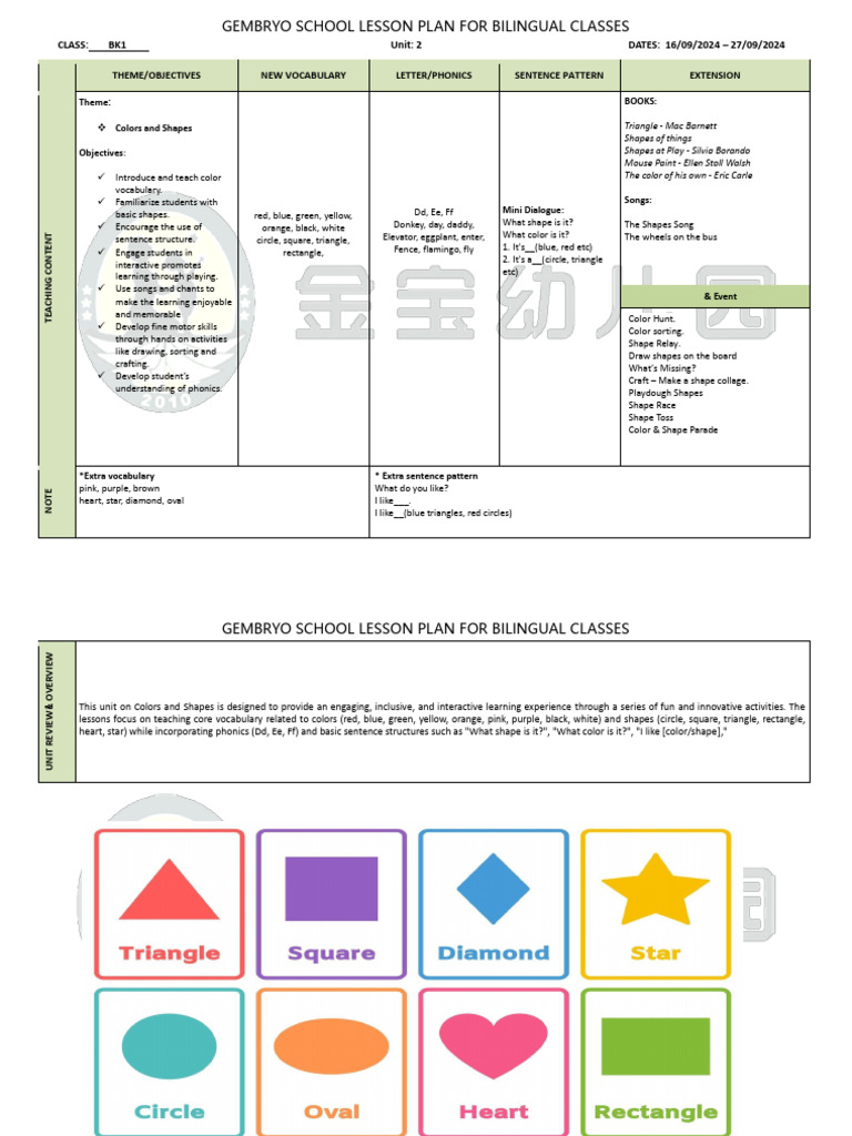 Bilingual Lesson Plan: Colors & Shapes | PDF | Phonics | Learning