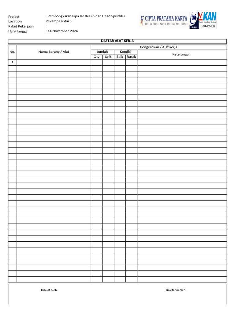 Form Daftar Material Dan Alat Kerja | PDF