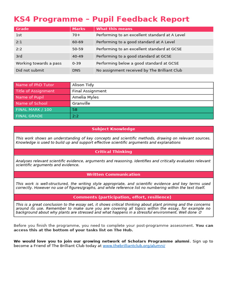 Amelia Myles 2023 24 KS4 Essay Feedback Report | PDF