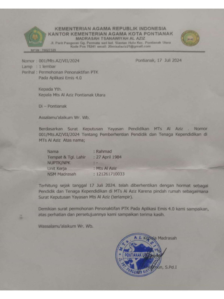 SK Non Aktif PTK | PDF