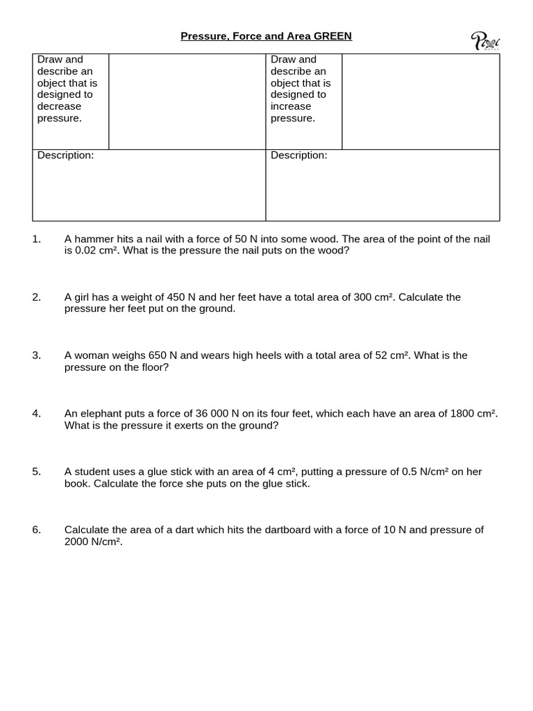 Pressure, Force, and Area Calculations | PDF | Force | Pressure