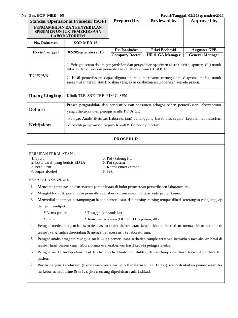 SOP MEDICAL 05 - Penyediaan Dan Pengambilan Sample Lab. | PDF
