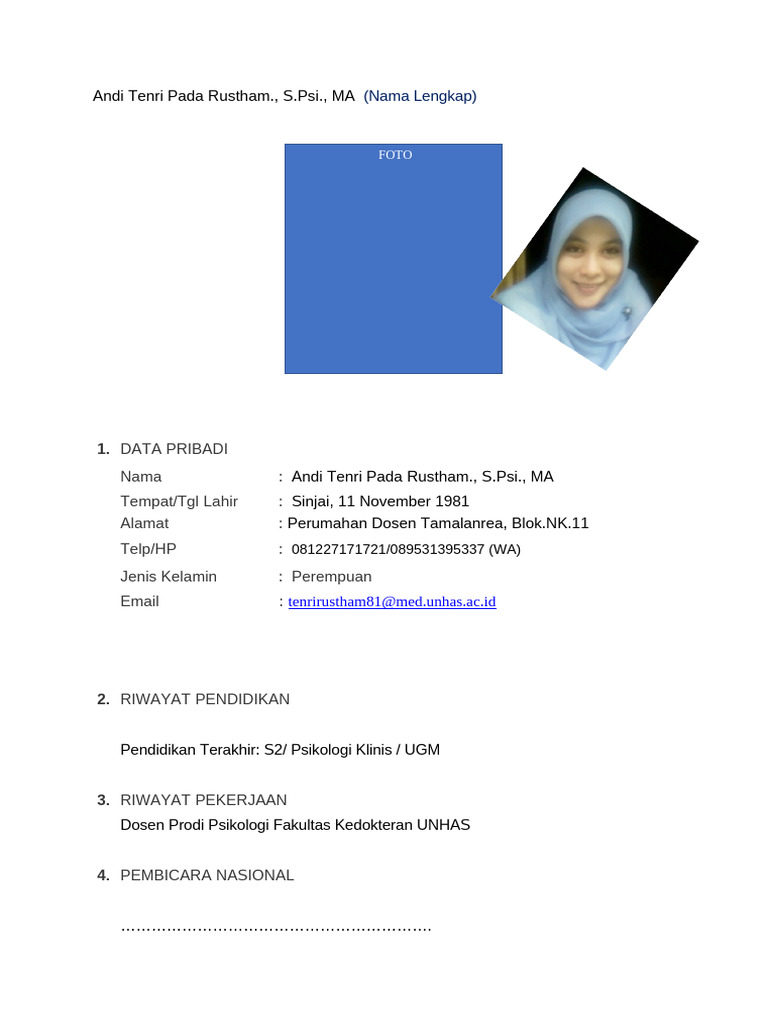 CV Andi Tenri Pada Rustham, S.Psi., MA. | PDF | Sains & Matematika