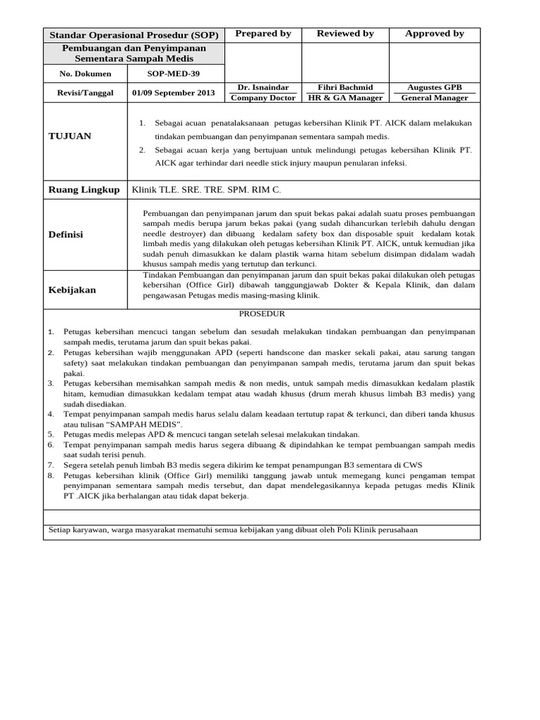 SOP MEDICAL 39 - Pembuangan & Penyimpanan Sementara Sampah Medis (Revised) | PDF