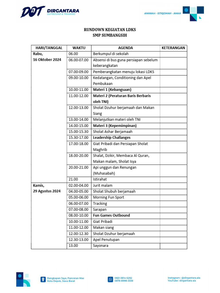 Rundown Kegiatan LDKS SMP Sumbangsih | PDF