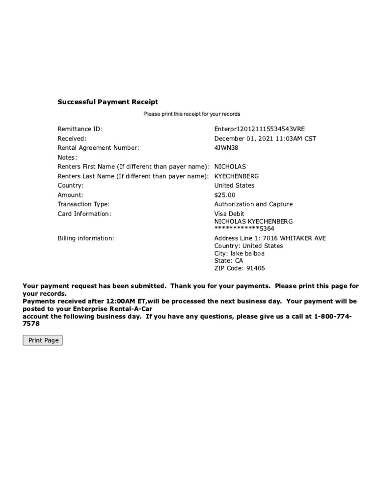 Enterprise Rent-A-Car Rental Payment Services - Successful Payment ...