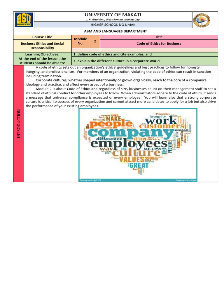 Business Ethics Module 2 | PDF | Organizational Culture | Employment