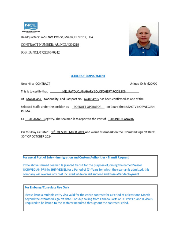 Employment Letter for Forklift Operator | PDF | Travel Visa | Sailor