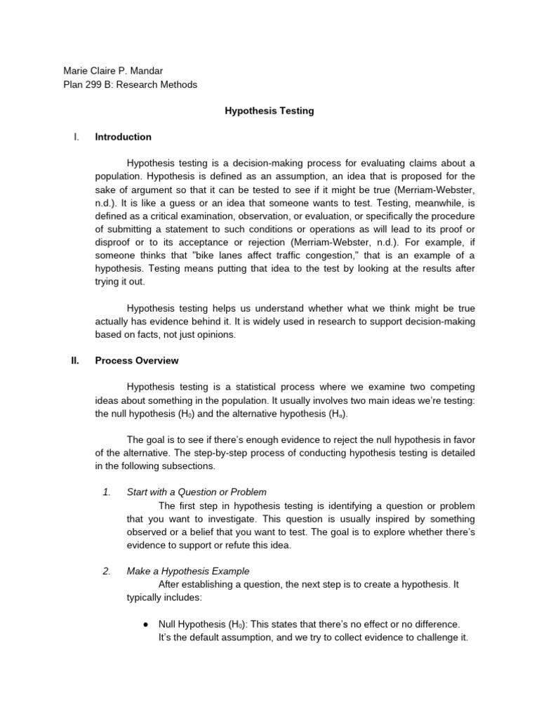 Plan 299B - Hypothesis Testing | PDF | Hypothesis | Statistical ...
