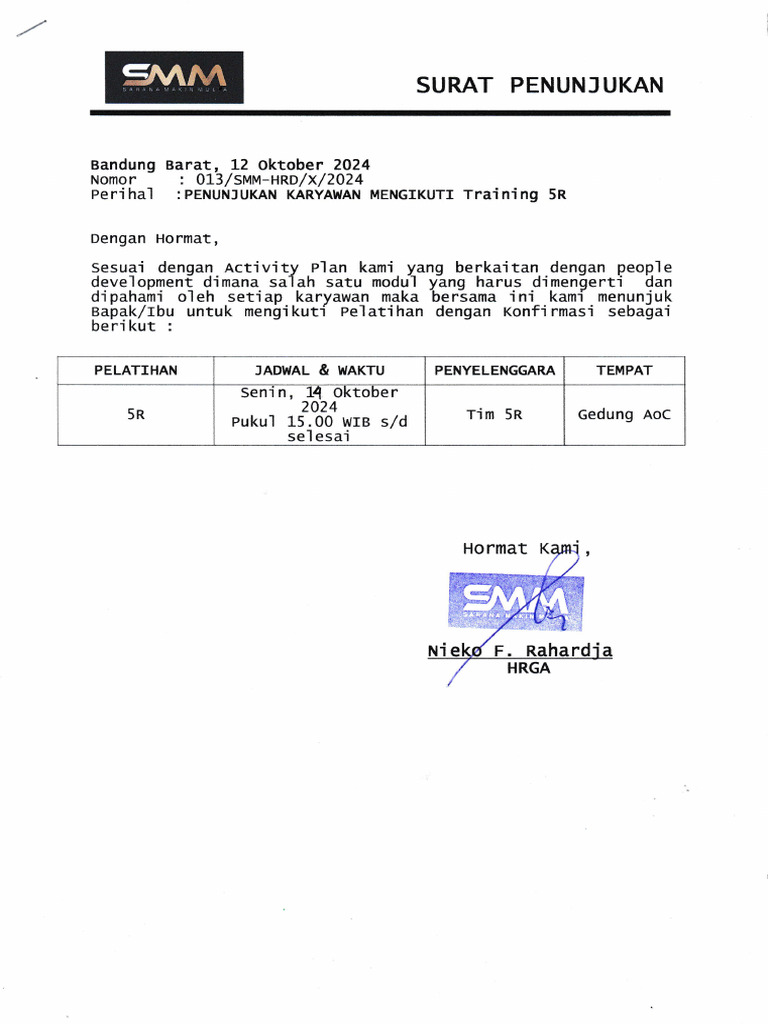 Penunjukan Training 5R - 14 Okt 2024 | PDF