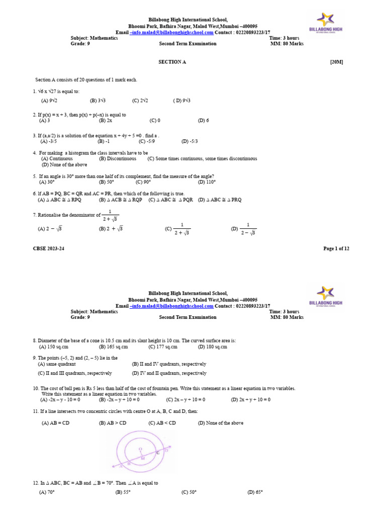QP_Term2_Gr9_MATHS (1) | PDF | Mathematics
