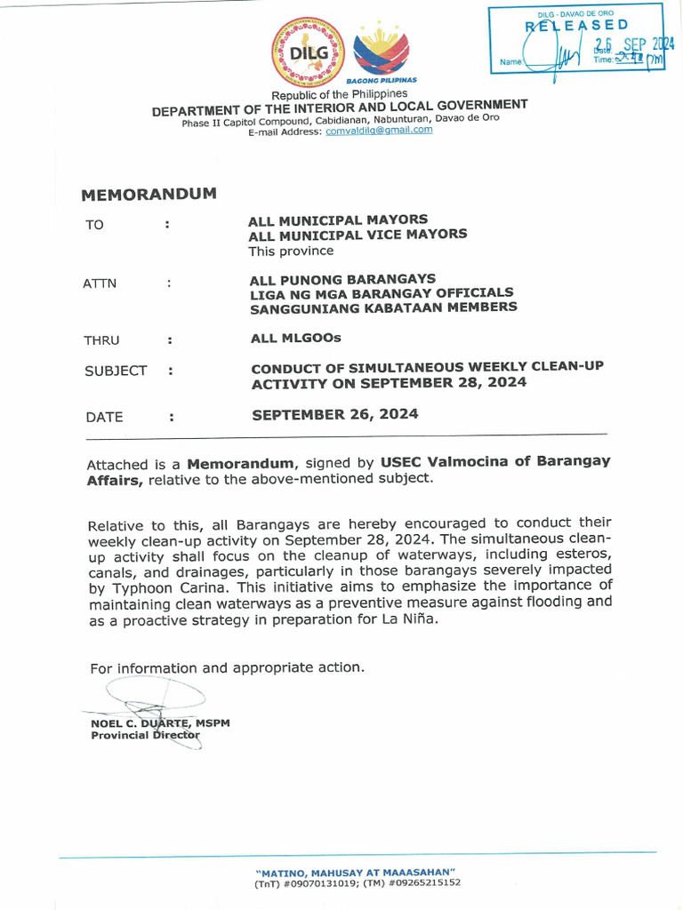 Davao de Oro Conduct of Simultaneous Weekly Clean Up Activity | PDF