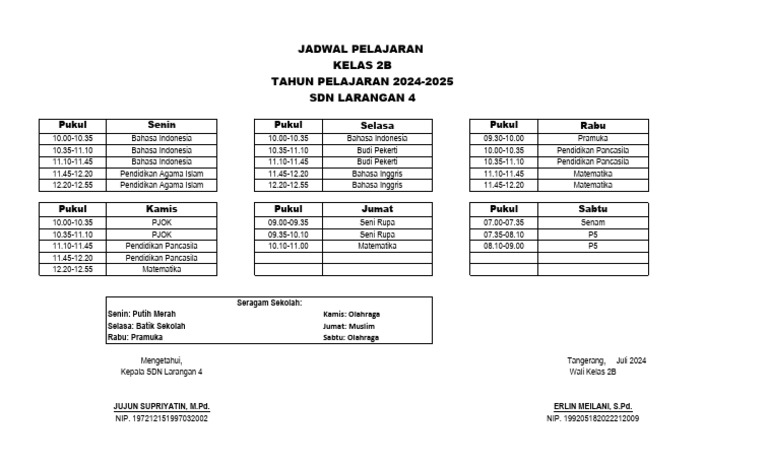 Jadwal Pelajaran Kelas 2b | PDF