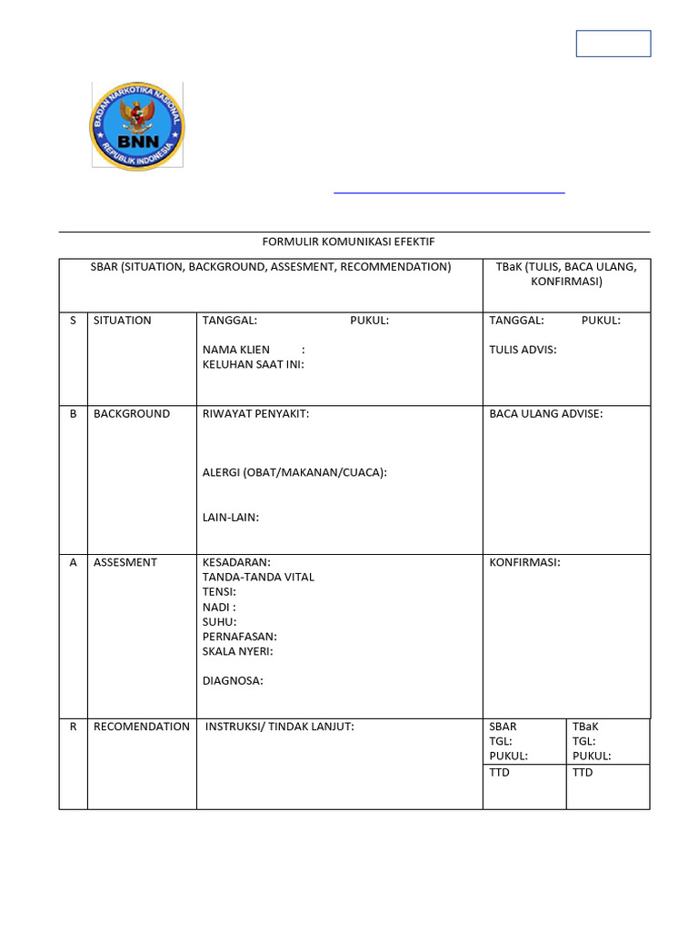 Formulir Komunikasi SBAR TBaK BNNP DKI | PDF