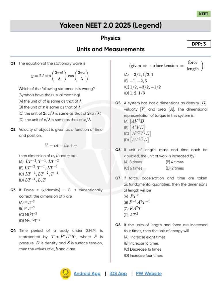 Units and Measurements DPP 03 (Of Lec-06) Yakeen NEET 2.0 | PDF | Force | Mechanics