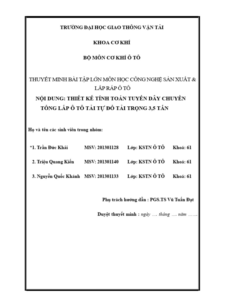 BTL - CNSXLR ô tô - KSTN - K61 - Nhóm 6 - Trần Đức Khải | PDF