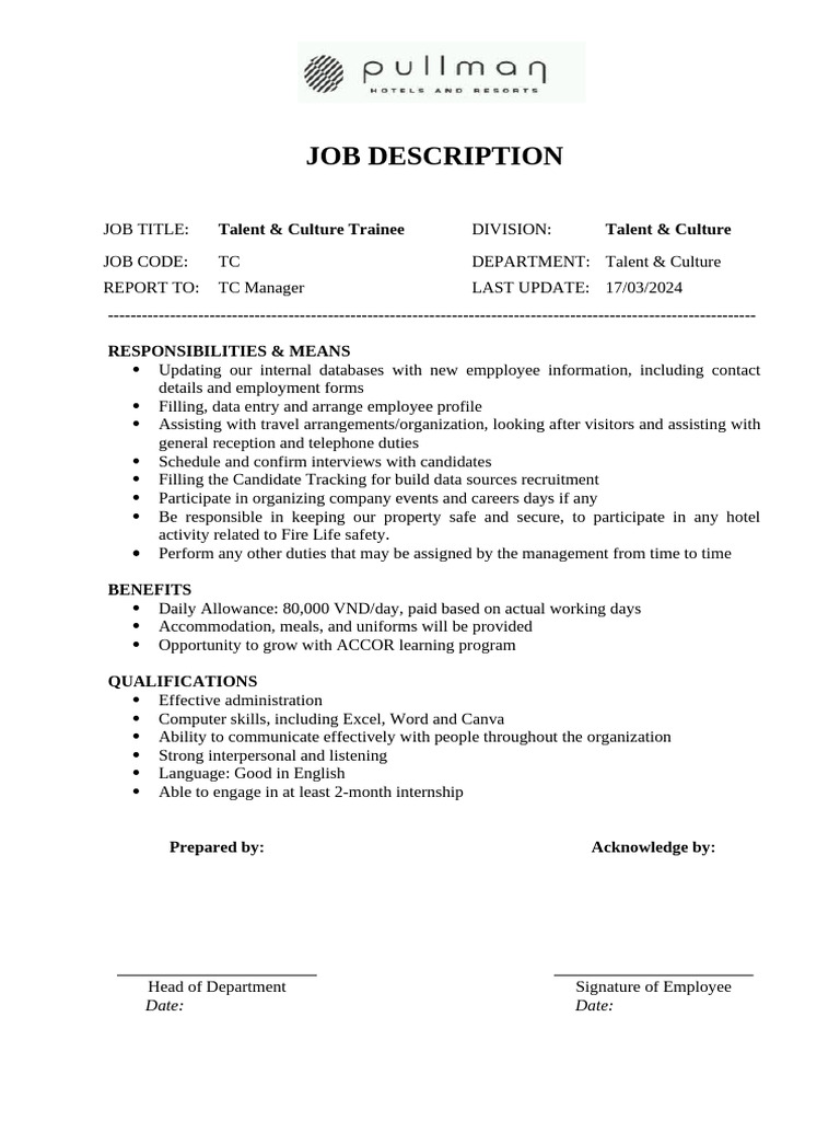 Talent & Culture Trainee - Job Description | PDF