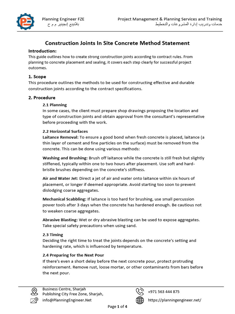 Construction Joints in In-Site Concrete Method Statement | PDF ...