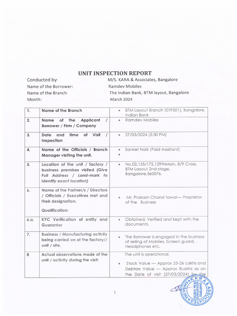 Ramdev Mobiles Inspection Report | PDF