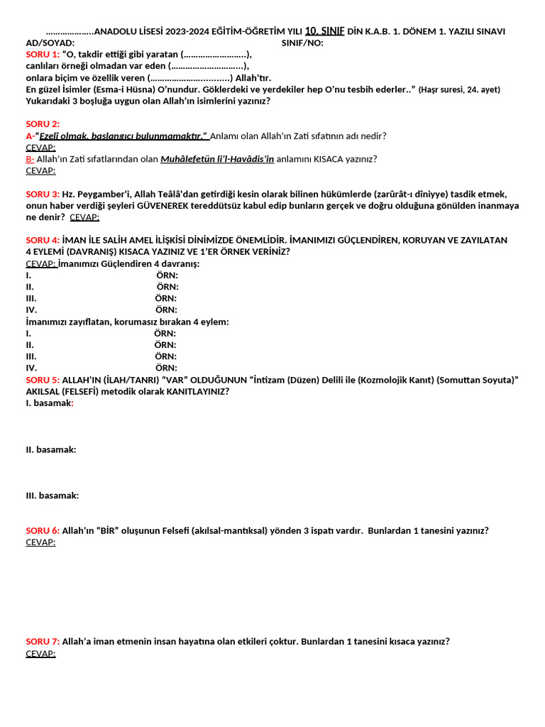 Acik Uclu 10sinif Din Kulturu 1donem 1yazili 1 | PDF