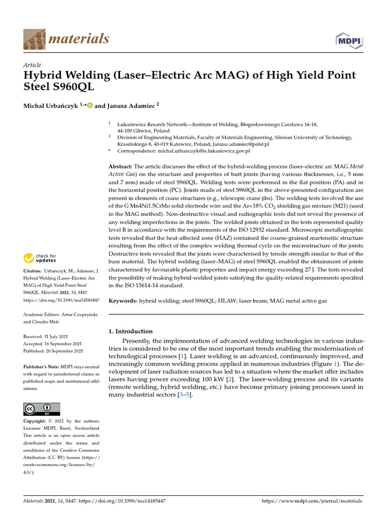 Hybrid Welding (Laser-Electric Arc MAG) of High Yield Point Steel ...