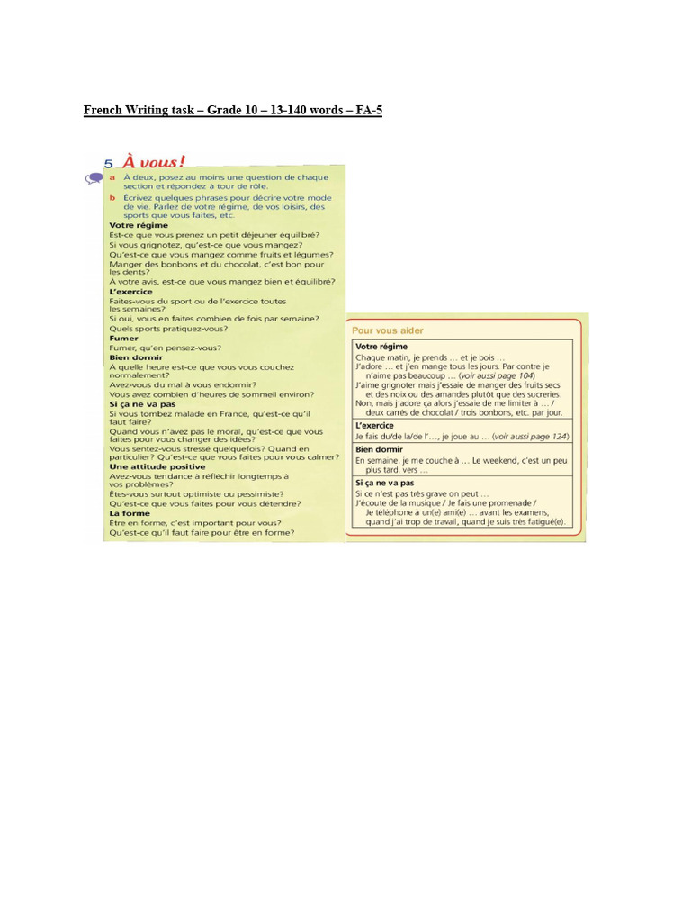 French Writing Task - Grade 10 - 13-140 words-FA-5 | PDF