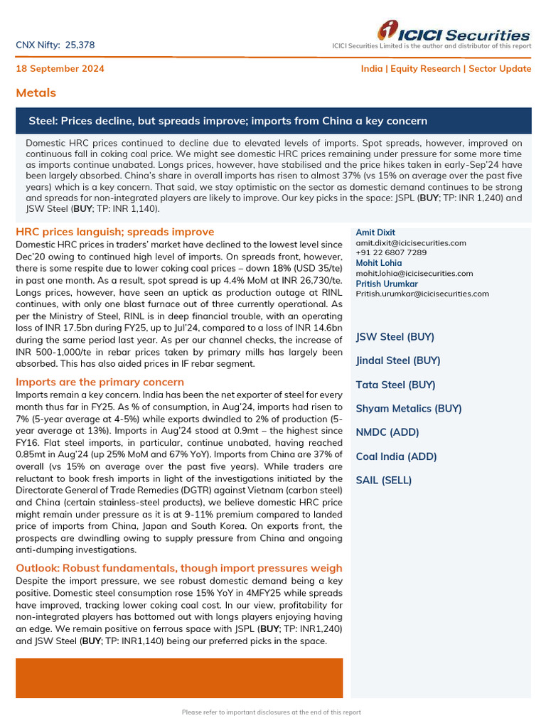 ICICI Securities Metals Steel Sector Update | PDF | Stocks | Securities (Finance)
