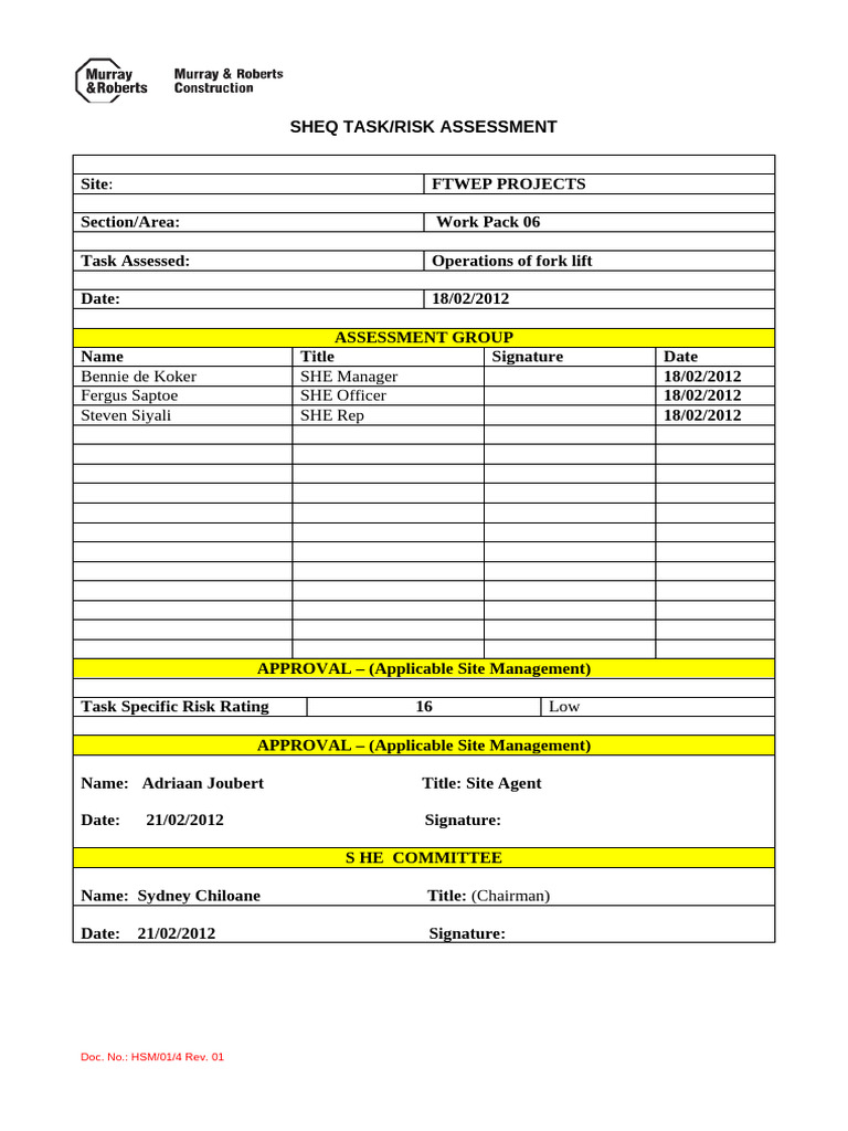 SHEQ Task Risk Assessment Forklift operations | PDF | Risk | Workplace