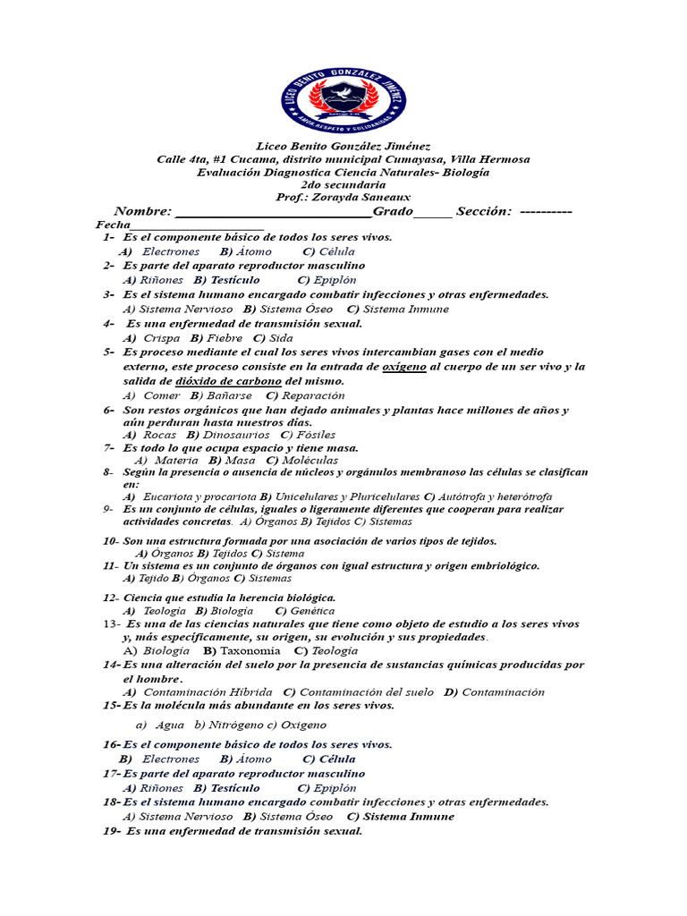 Evaluacion Diagnostica 2do 2024-25 | PDF | Organismos | Biología