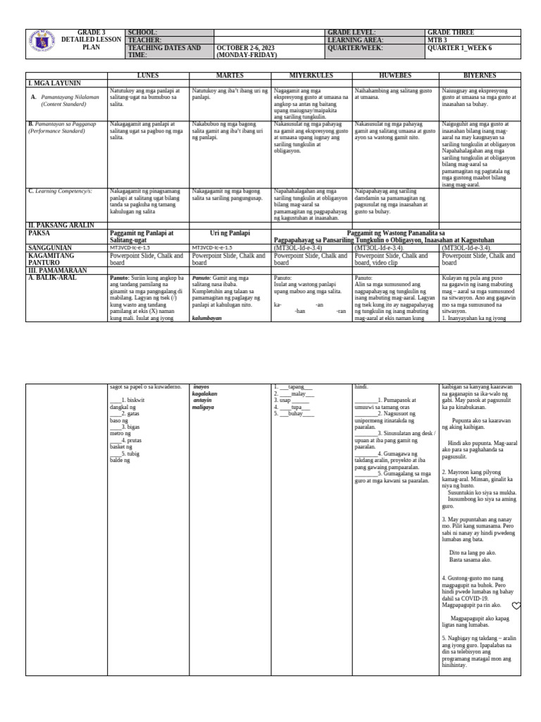 MTB3 DLL Q1 W6 | PDF
