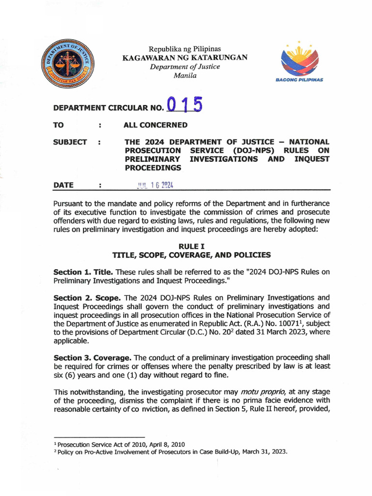 DC 15 s.2024 DOJ-NPS Rules On PI and Inquest | PDF | Prosecutor | Burden Of Proof (Law)