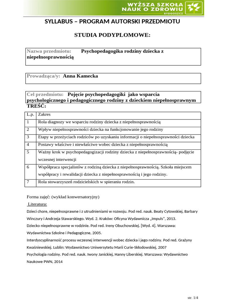 Syl Psychopedagog Rodziny | PDF