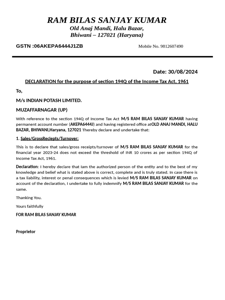 Declaration of Section 194Q - RBSK | PDF