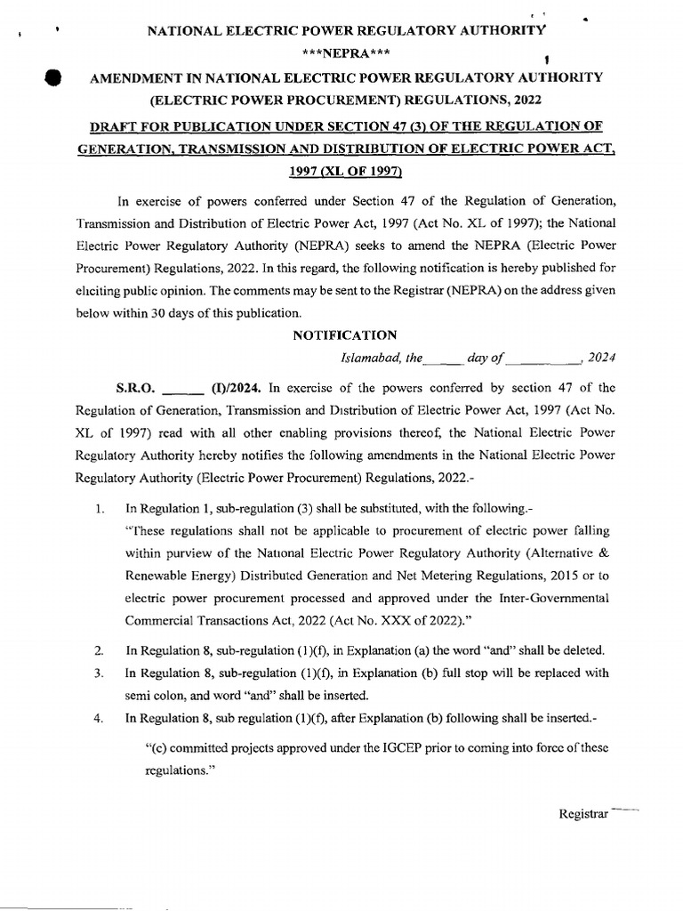 Draft Amendment in NEPRA Electric Power Procurement Regulations, 2022 ...