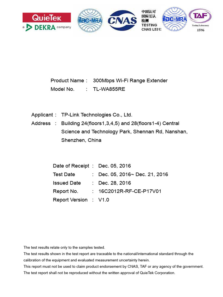 EN 300 328 RF Test Report for TL-WA855RE | PDF | Ieee 802.11 | Antenna ...