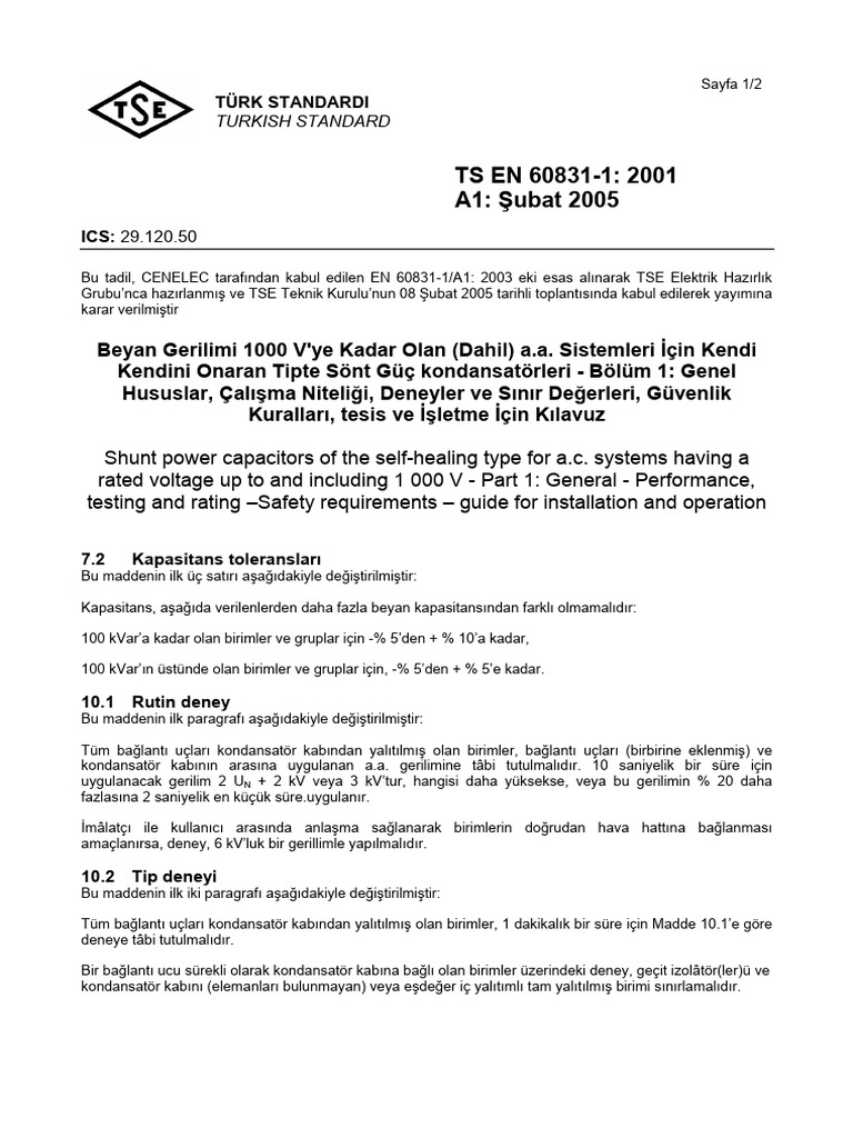 TS EN 60831-1: 2001 A1: Ubat 2005: Turkish Standard | PDF