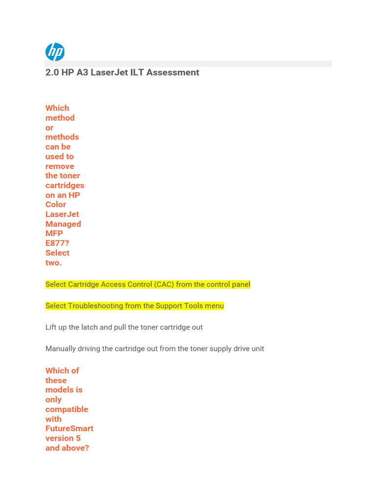 2.0 HP A3 LaserJet ILT Assessment | PDF | Office Equipment